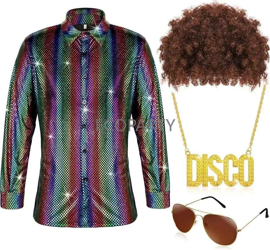 Mens 70s 80s Disco Costume Set Disco Shiny Shirts Luxury Sequins Long Sleeve Shirts For Carnival ...