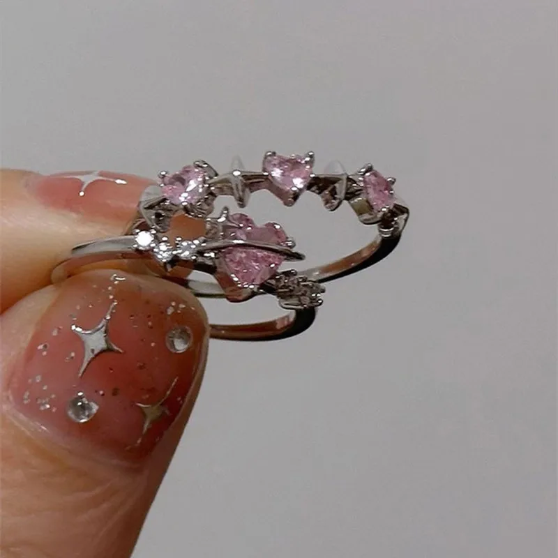 Y2k Style Sparkling Pink Zircon Bride Rings For Women Couples Korean Trendy Heart Star Geometric ...