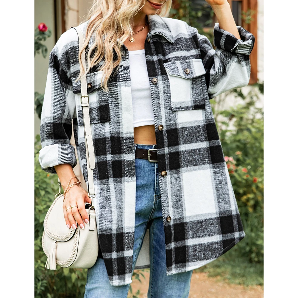 Private Label Winter Clothes Check Print Shacket Plaid Ladies Long ...