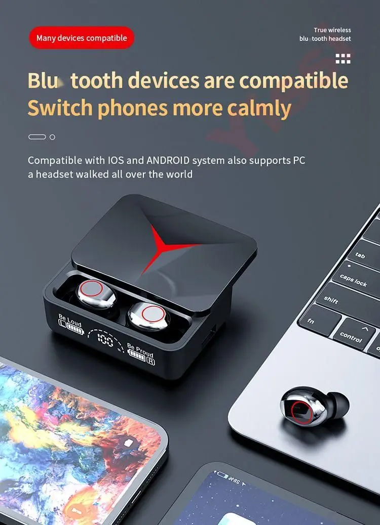 2023 New Design M90 Pro Tws Bt 5.3 Earbuds Low Latency Game Led Light Headset Hifi Stereo ...