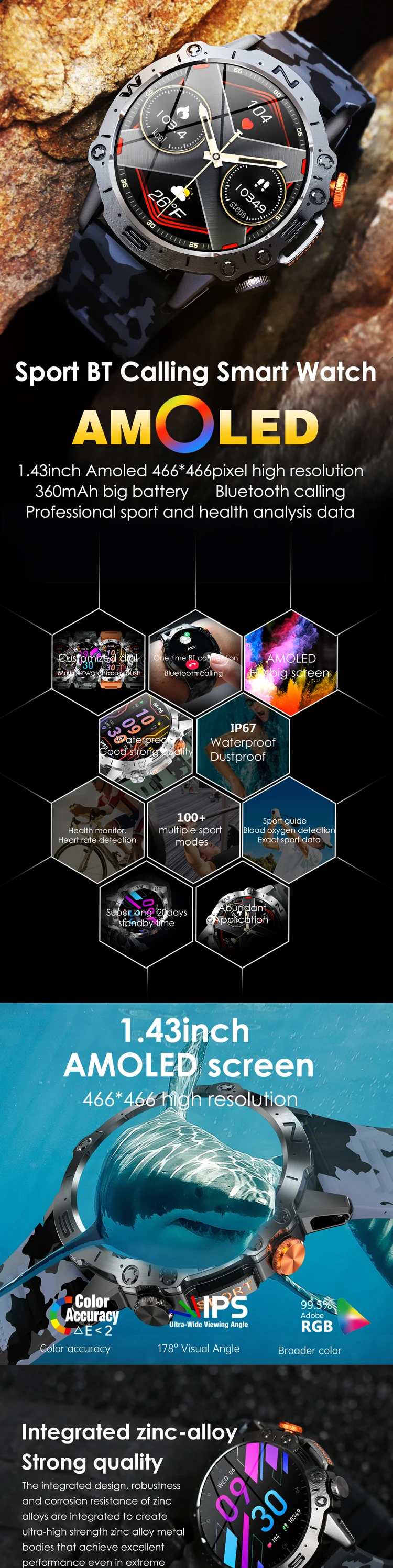 K59 Amoled Smart Watch With 1.43 Inch Screen Bt Call Heart Rate Blood Oxygen Monitor Sports ...