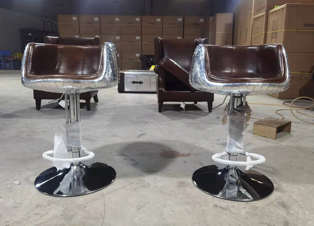 Vintage Brown Genuine Leather Barstool - Aviation Style
