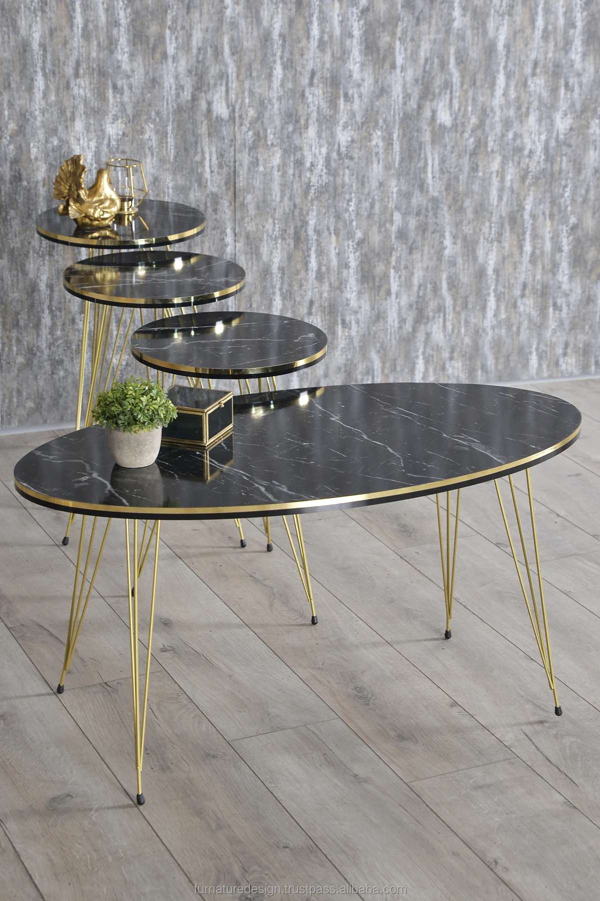 Modern Design Nesting Coffee Table Set with Golden Metal Leg Living ...