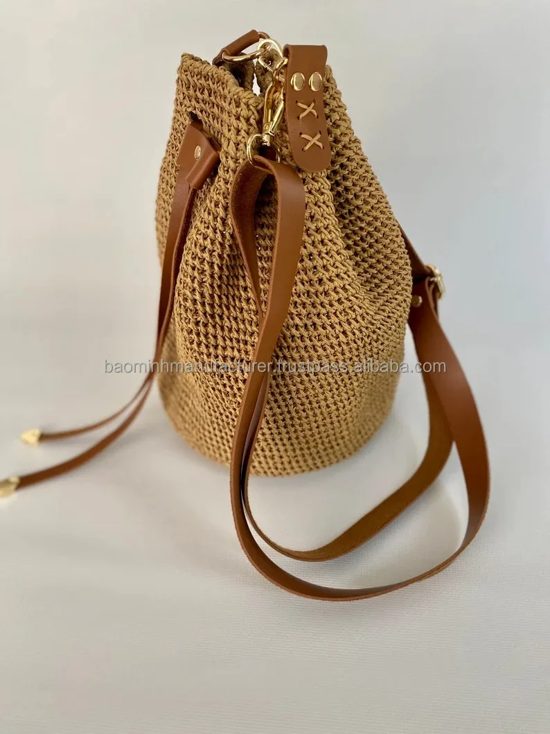 Bohemian Bucket Bag - Handwoven Paper Raffia with Drawstring