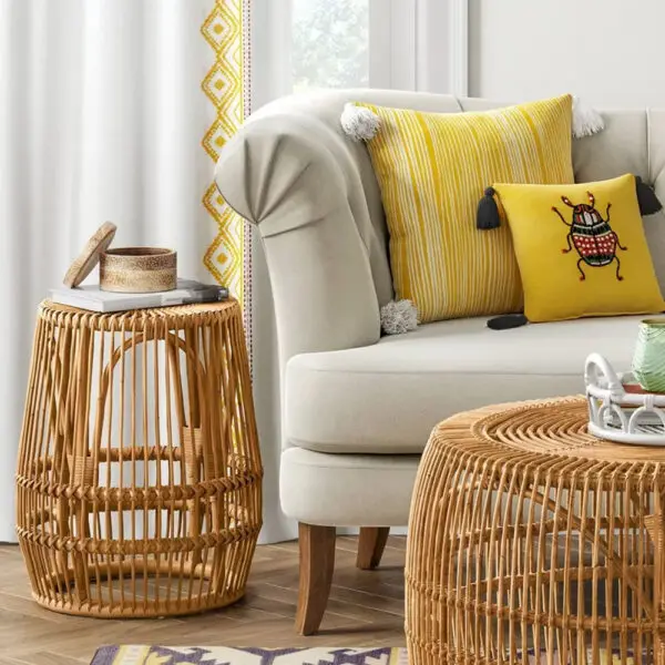 Handwoven Vietnam Rattan Round Coffee Table Boho Wicker Stool & Ottoman ...