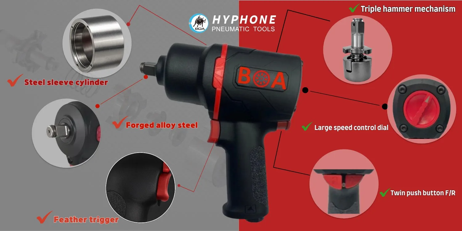 Powerful Triple Hammer Pneumatic Impact Wrench 1/2 in Drive 90 PSI 1450 ...