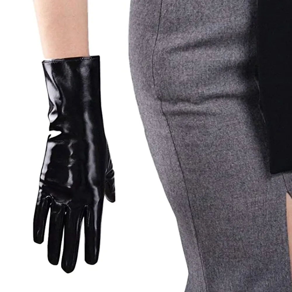 Black Super Long Leather Gloves For Women Faux Patent Pu Sexy Opera ...