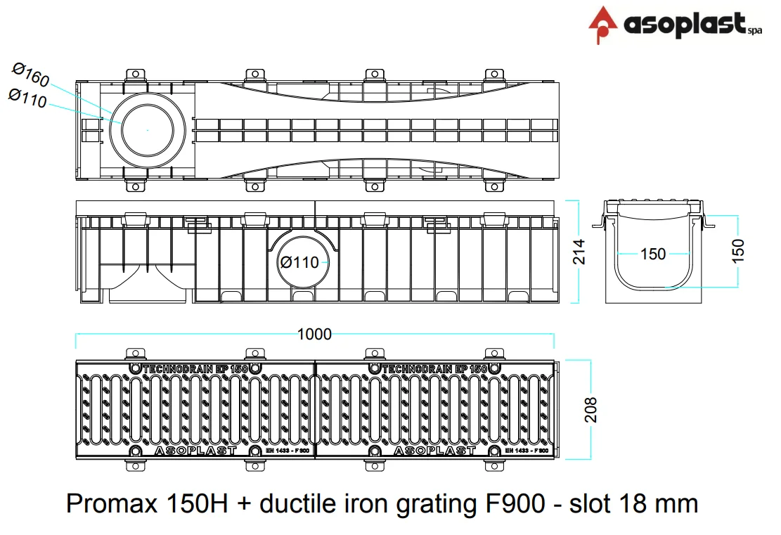 PROMAX 150 HDPE Drainage Channel Ductile Iron Grating 18mm Slot Tie Bar ...