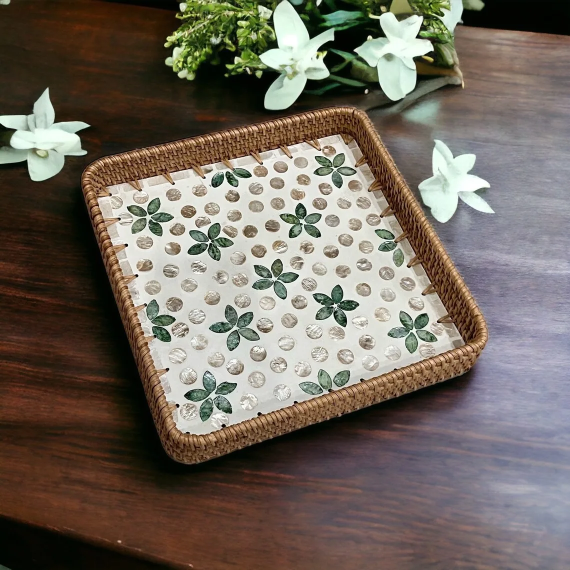 High Quality Rattan Mother Pearl Inlay Serving Tray Handmade Rattan ...