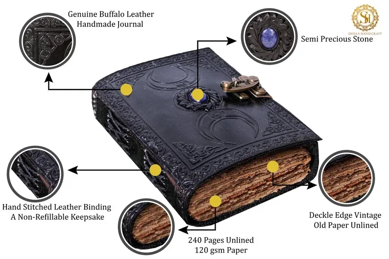 Triple Moon Goddess Vintage Leather Journal Witch Stone Deckle Edge ...