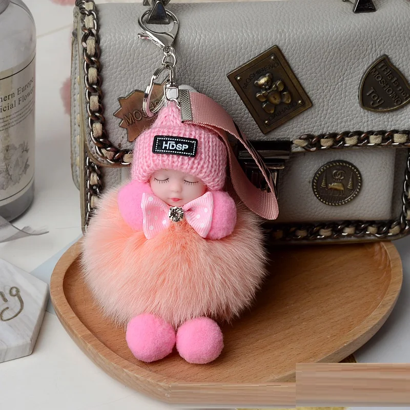 Cute Sleeping Baby Doll Keychain - Fluffy Rabbit Fur Ball
