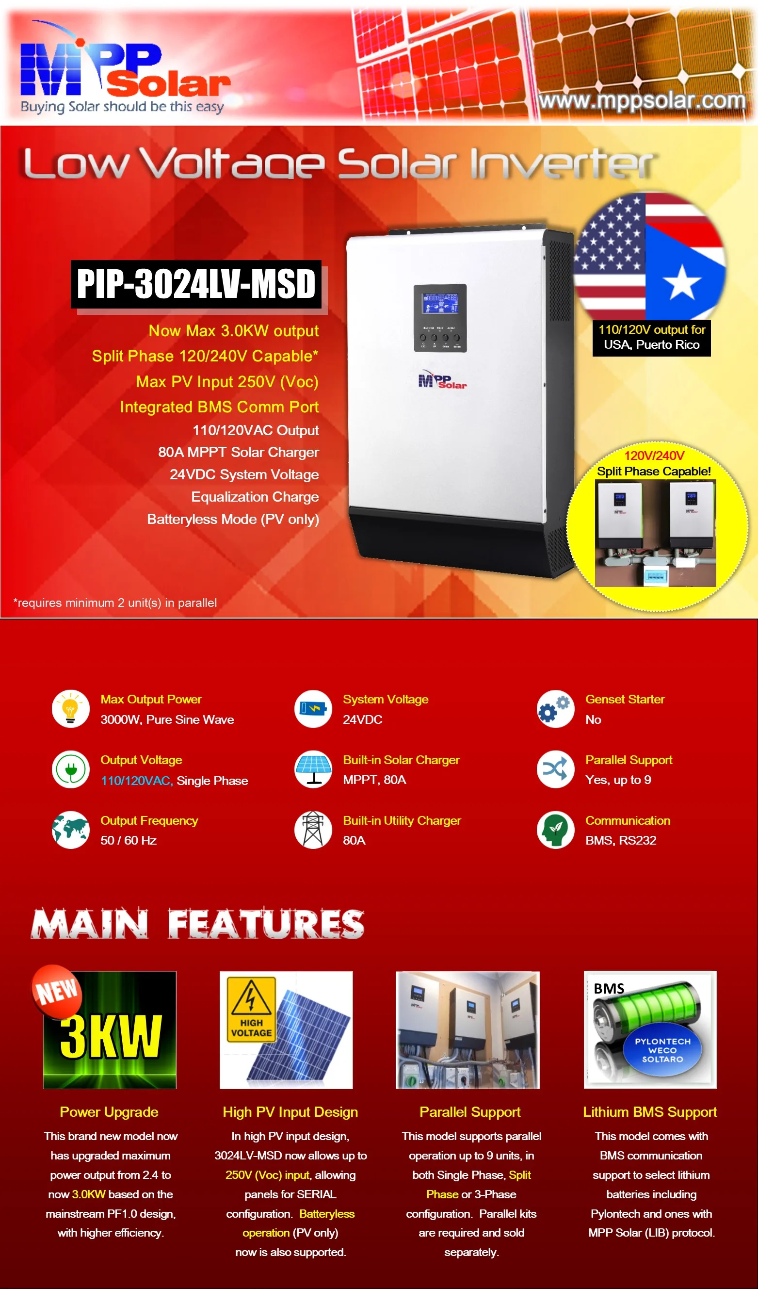 6000w MPP Solar Inverter with 80A MPPT Charger - Pure Sine Wave