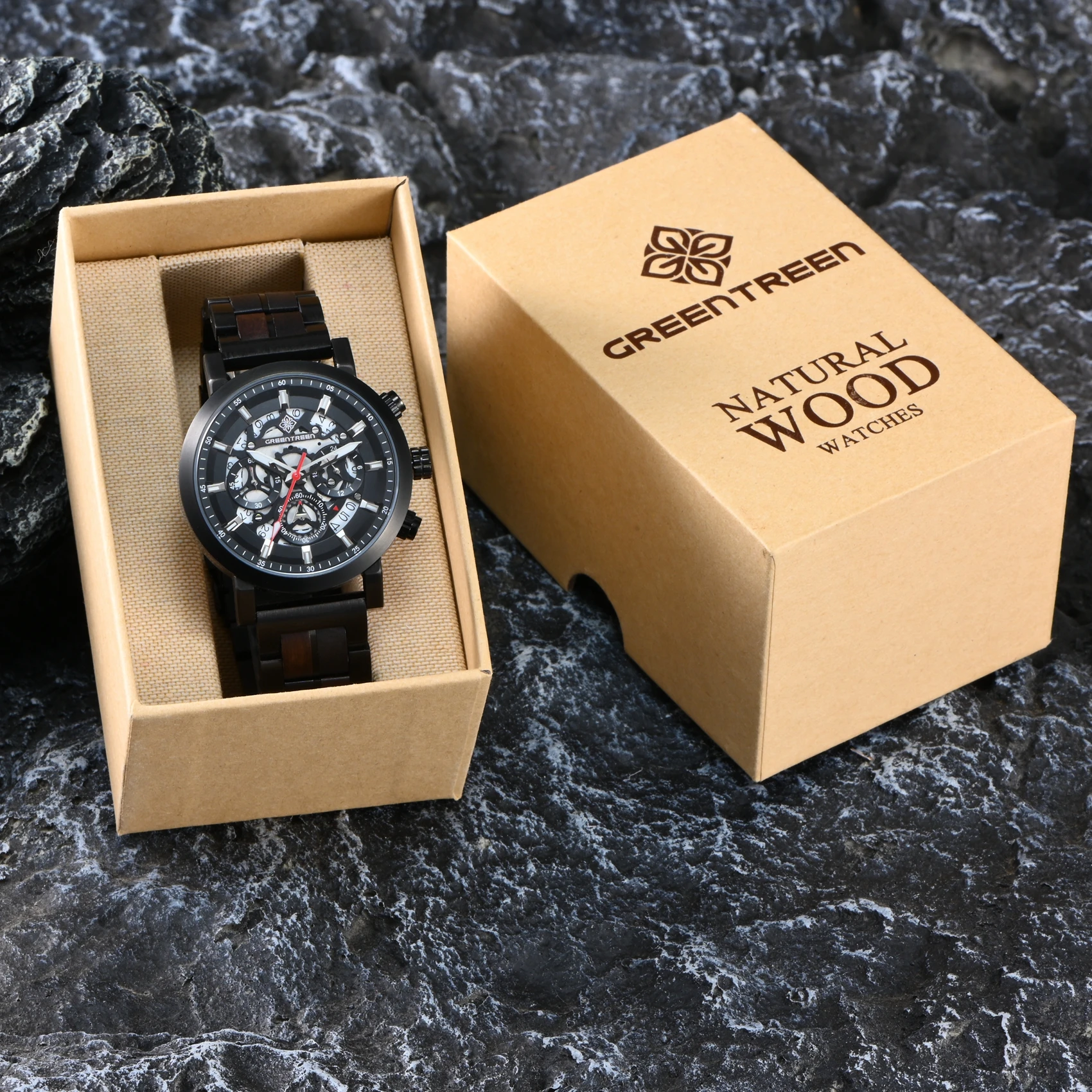 Stainless Steel Watches For Men Match Real Wood Strap Chronograph ...