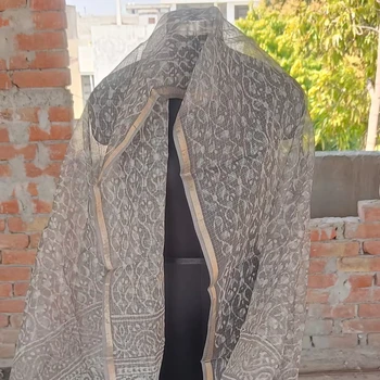 Beautiful Printed Gray Color Hand Made Block Printed Dupatta Kota Doria ...