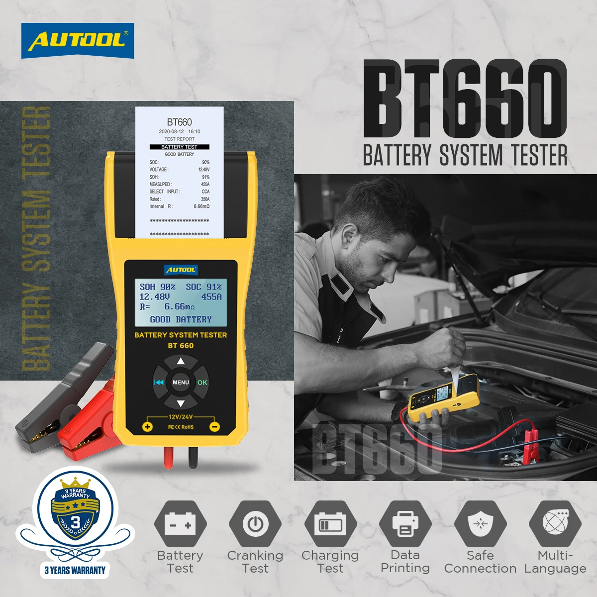 AUTOOL BT660 Car Battery Tester - Multi-Language & Built-in Printer