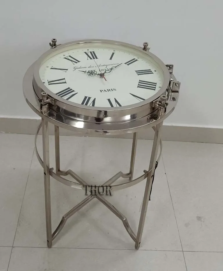 Industrial Porthole Metal Round Clock End Coffee Table Clear Glass ...