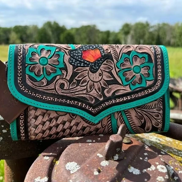Genuine Western Style Leather Turquoise Purse Wallet With Tooled Floral ...