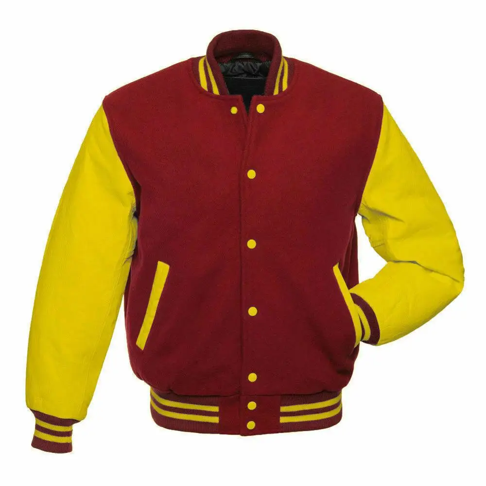 MAROON Wool Varsity Letterman Bomber BASEBALL Jacket, YELLOW Pure ...