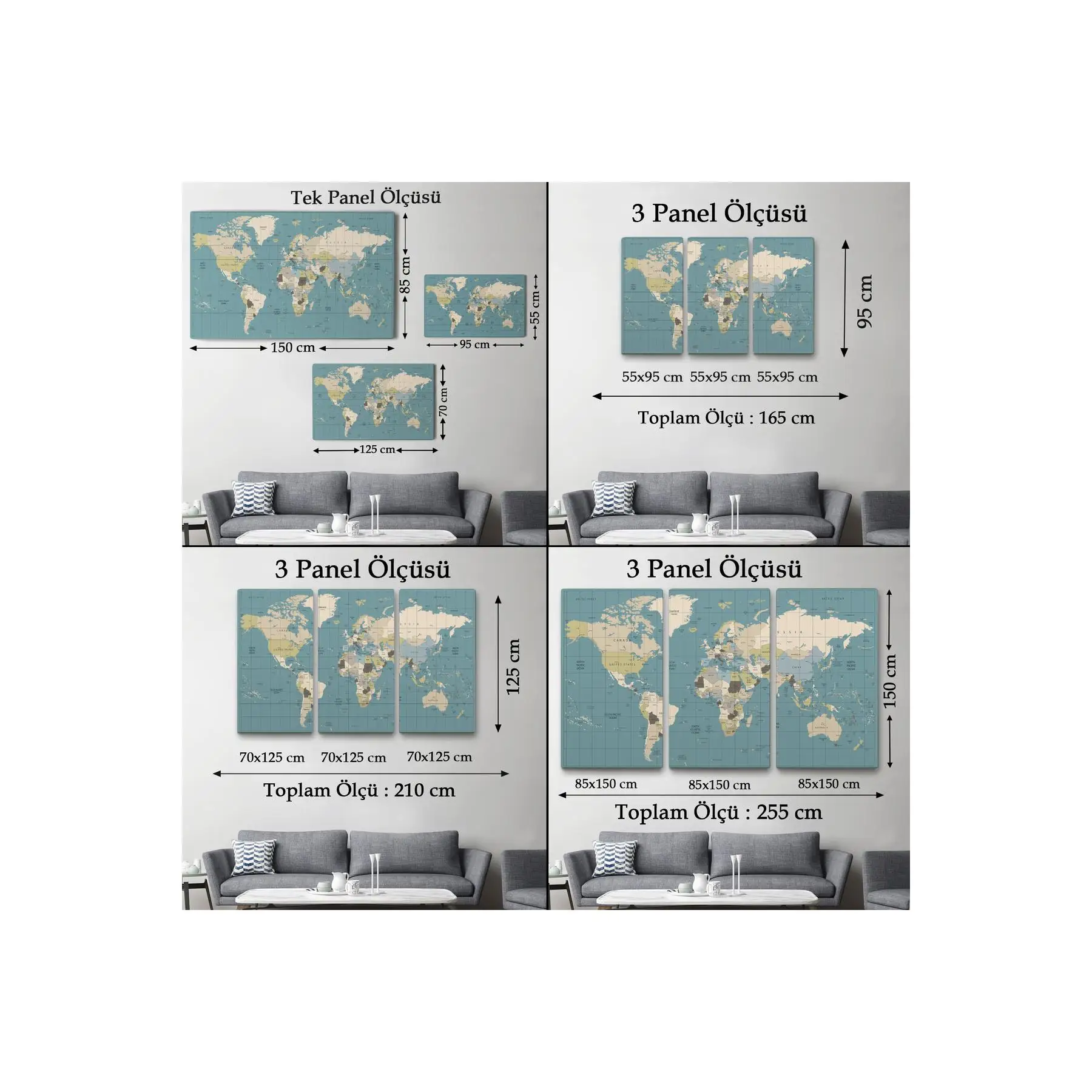 Akdenizpos On01 World Map with Meridian Decorative Canvas Painting 1070 ...