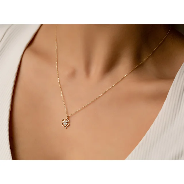 14k Solid Gold Clover Necklace Ghost Chain Luck Necklace Unisex Jewelry ...