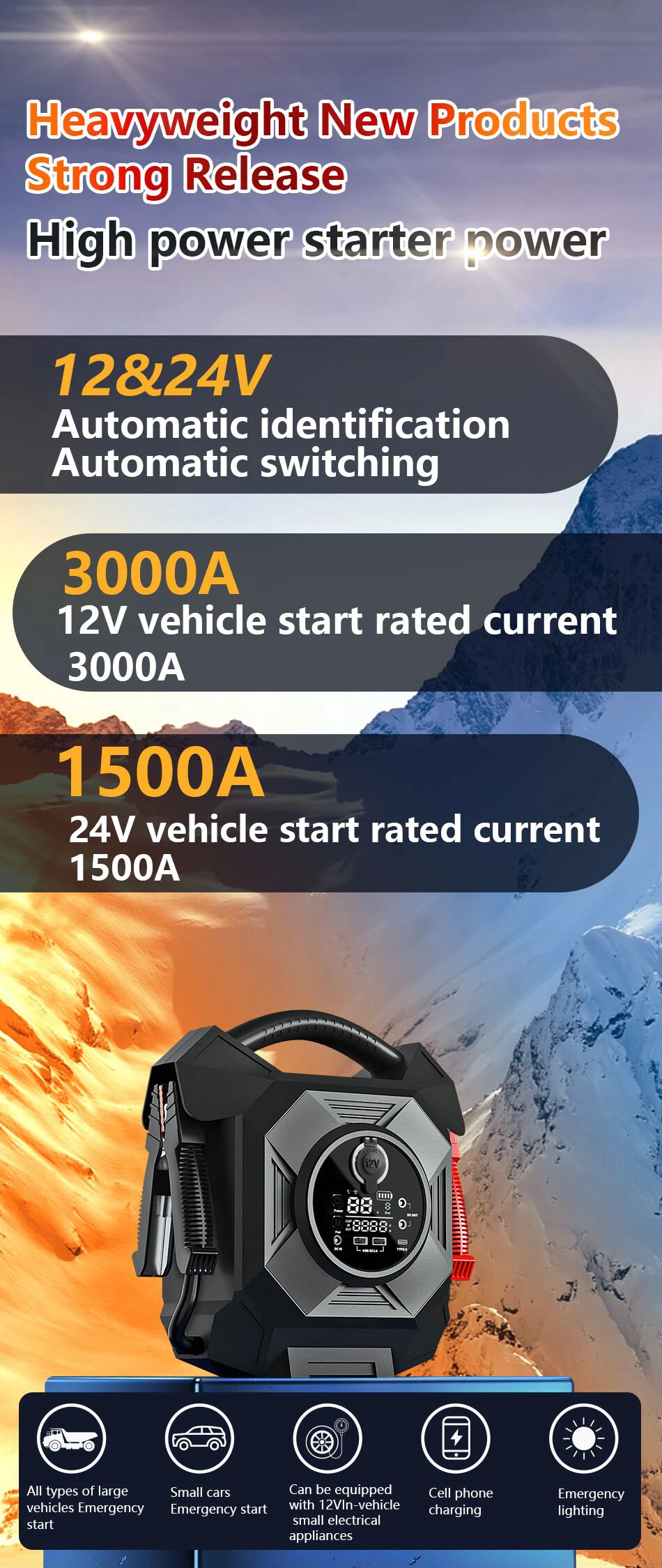 12v 24v Truck Jump Starter 6000A Peak Current Multifunctional Battery ...