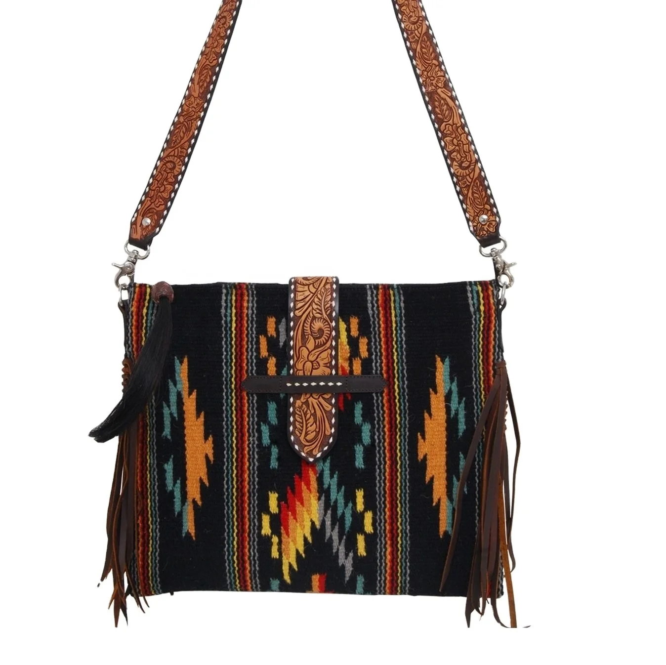 Western Style Cowhide Hand Tooled Leather Fringe Handbag Sling Bag ...