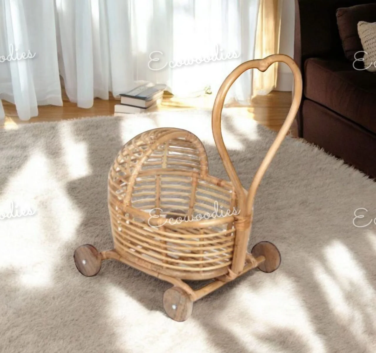 Natural Wicker Doll Pram - Eco-Friendly Toy Stroller