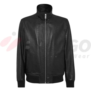 Men's Black Crocodile Leather Jacket New Bomber Style Croc Print ...