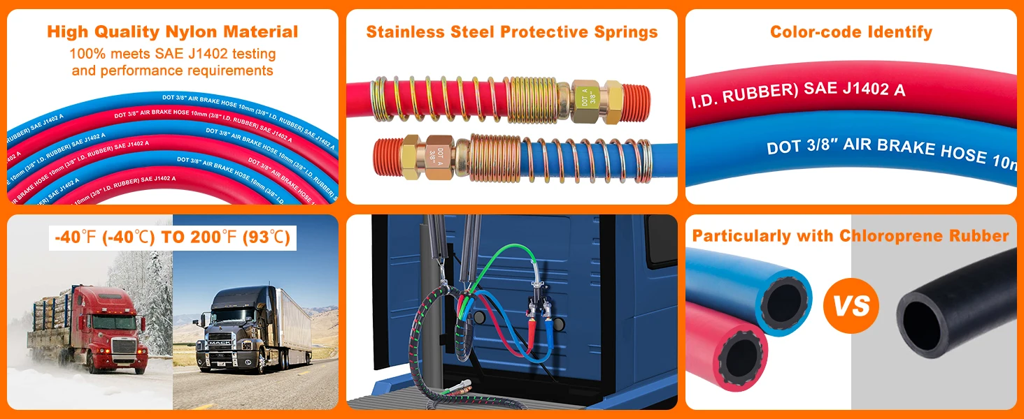 SAE J1402 15/12FT Rubber Semi Truck Air Brake Hose Assemblies for Semi ...