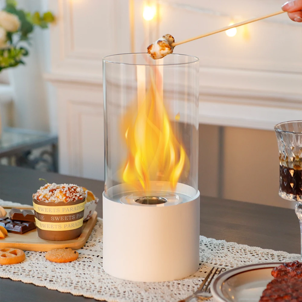 White Round Table Fireplace Mini Fire Pit Tabletop Bio Ethanol ...