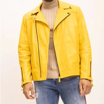 Rev Up Your Style Premium Lamb Skin Motorcycle Jacket In Vibrant Yellow ...