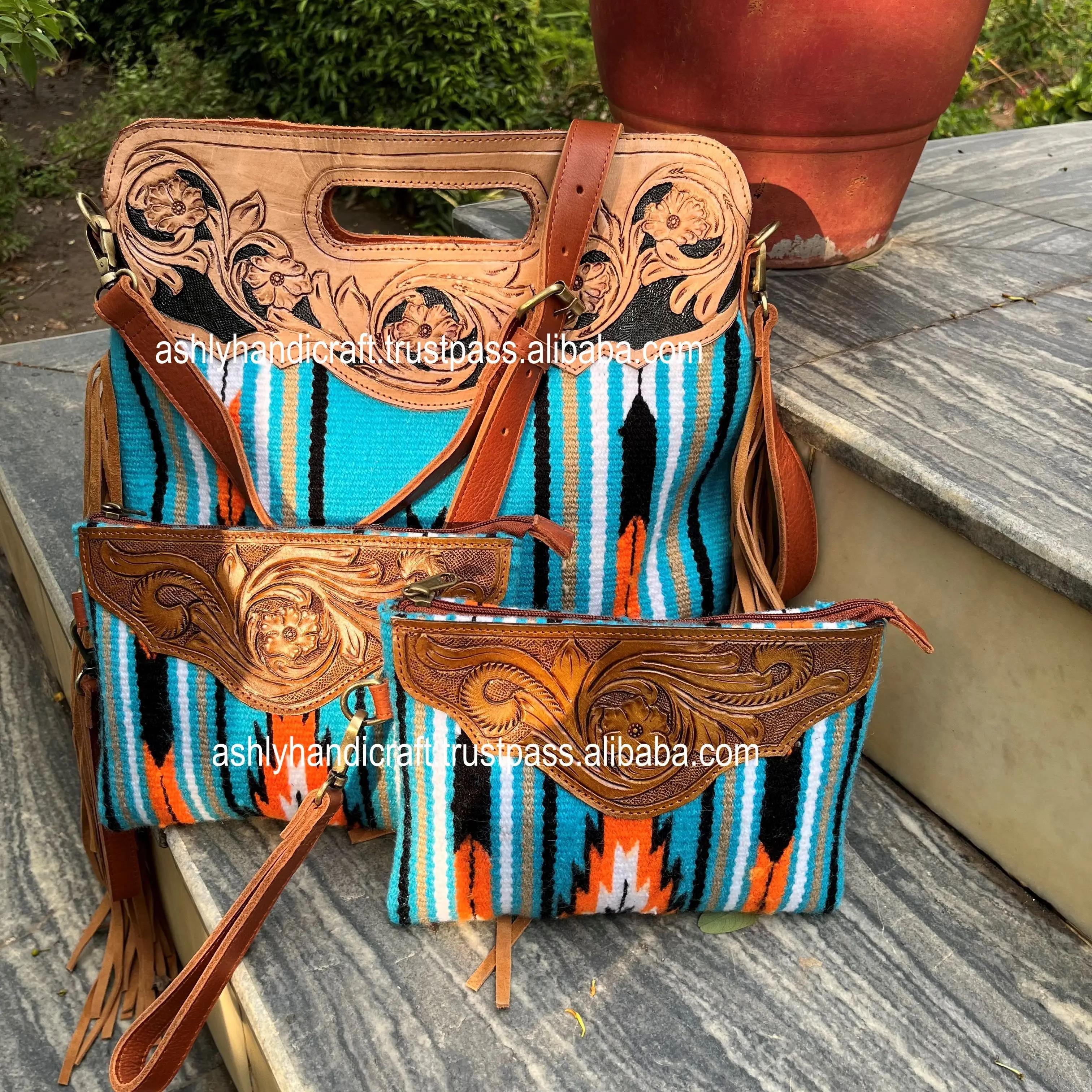 New Western Traditional Style Tooled Saddle Blanket Shoulder Bag For ...