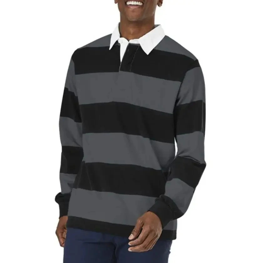 Mens Rugby Polo Shirt Long Sleeve Stripe T-shirt Pure Cotton Jersey Twill Collar Casual Shirt ...