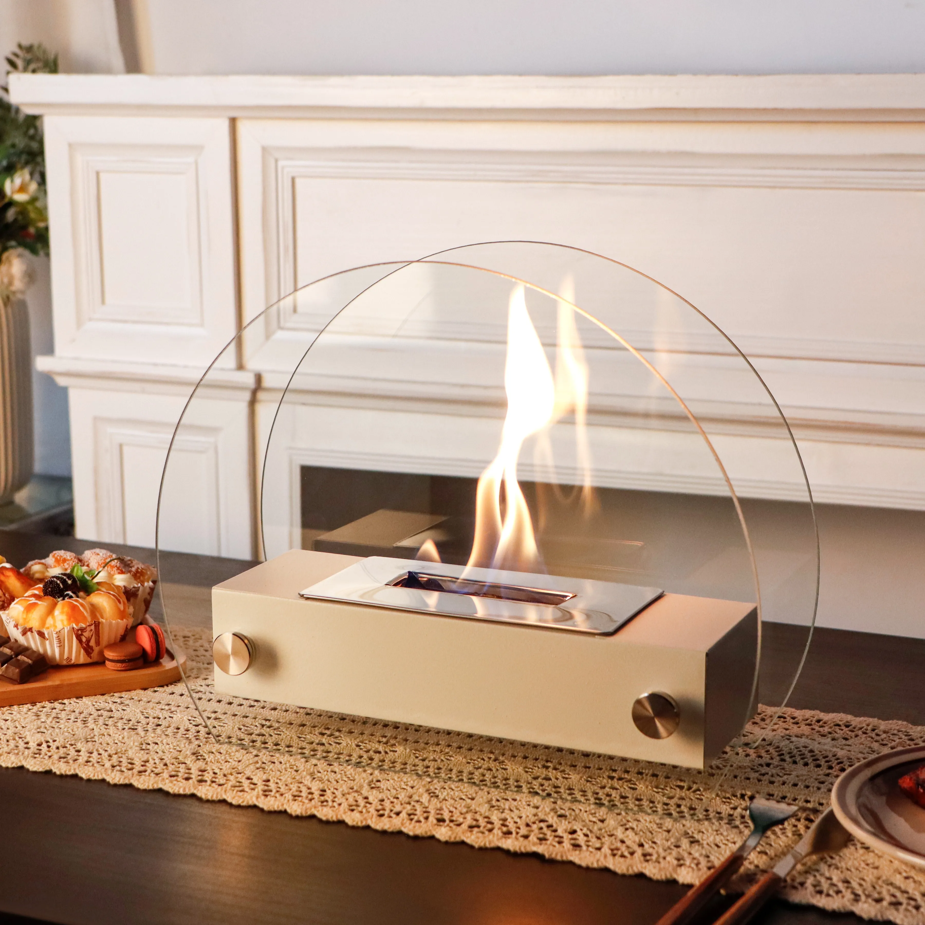 Elegant White Tabletop Bioethanol Fireplace Unique Round Glass Design ...
