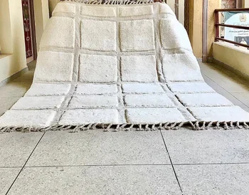 White Moroccan Checkered Rug Fluffy Beni Ourain Hand Knotted Rug Woolen ...