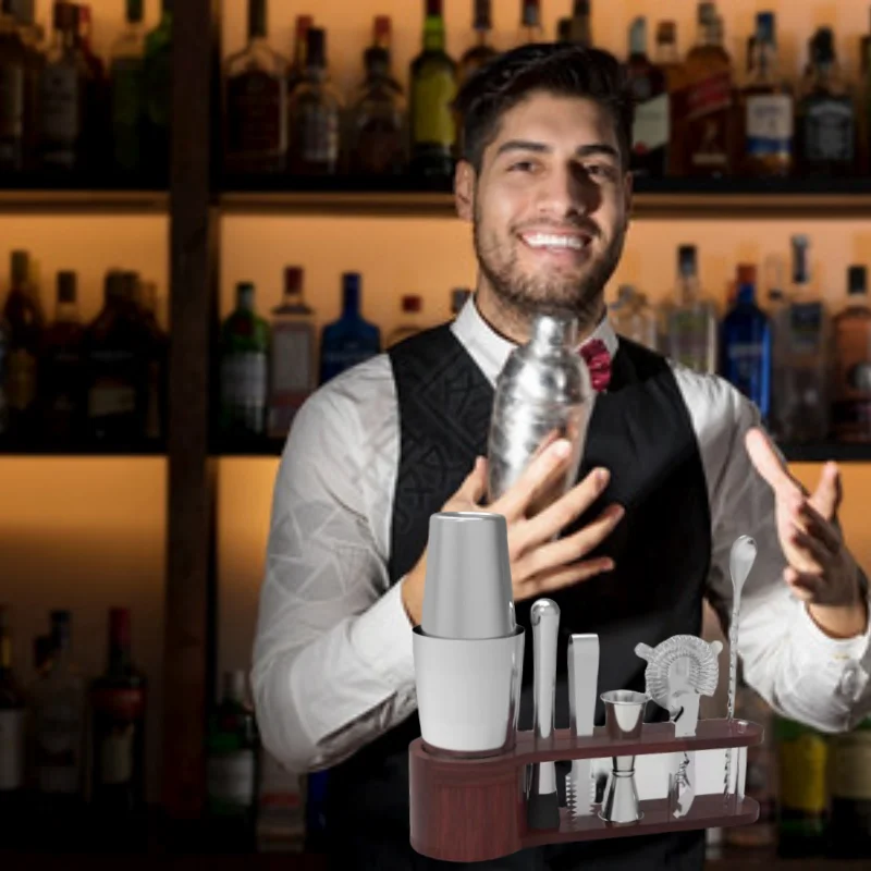 Professional Barware Tools Wooden Stand Stainless Steel Bartender Set ...