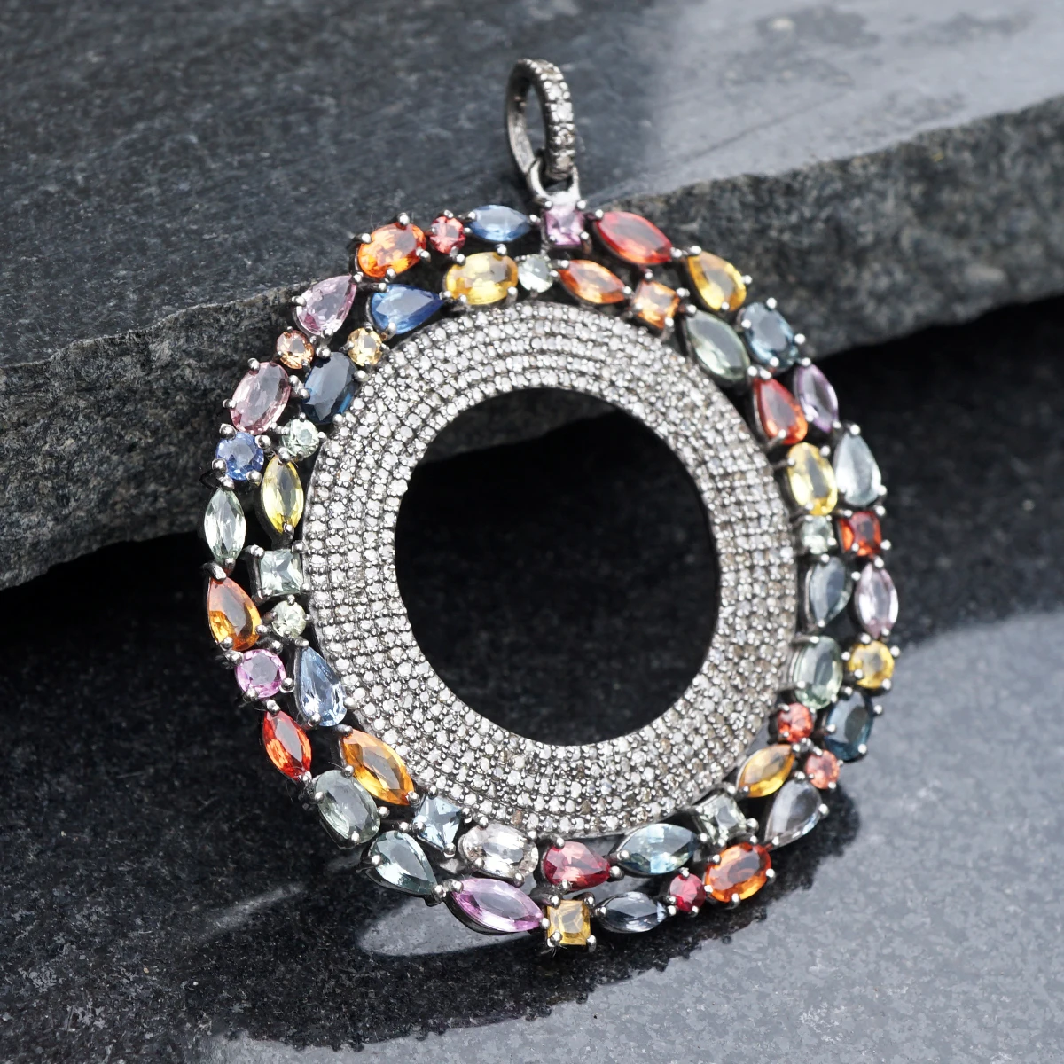 925 Sterling Silver Multi Sapphire Gemstone Pave Set Diamond Handmade ...