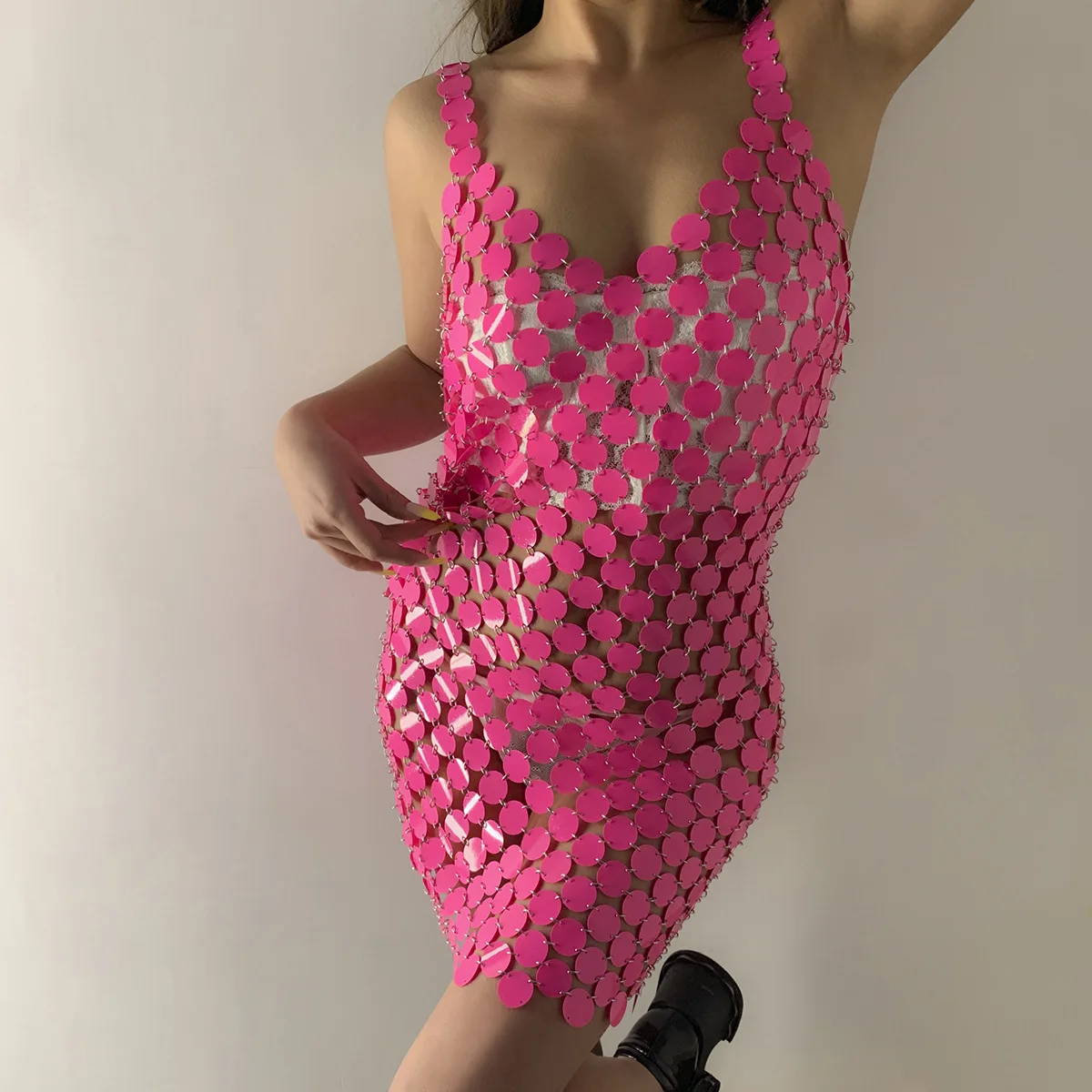 Women Silver Sexy Nightclub Mirror Chainmail Mini Dresses Round Metal ...