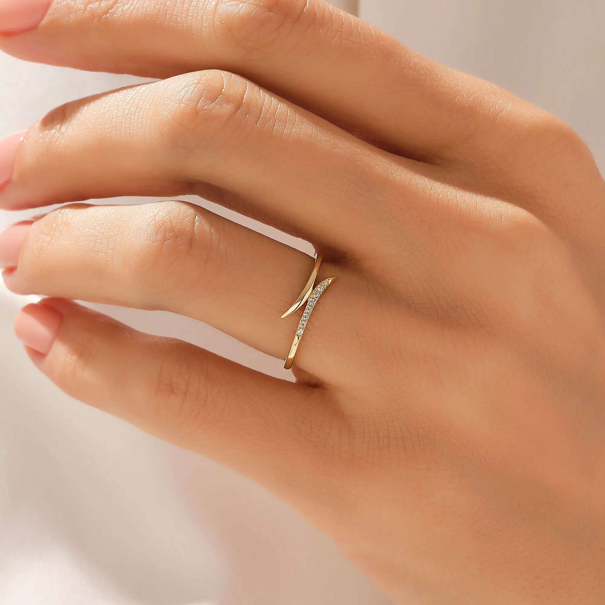 Wraparound Wave 14k Solid Gold VVS VS1 Diamond Minimalist Bypass Thin Curvy Wedding Ring Pave ...