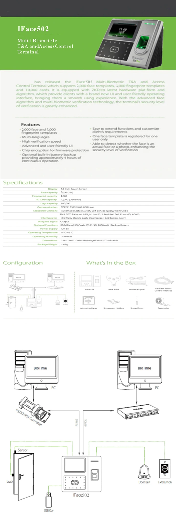 Iface 502 Time Attendance with Fingerprint and Face Recognition