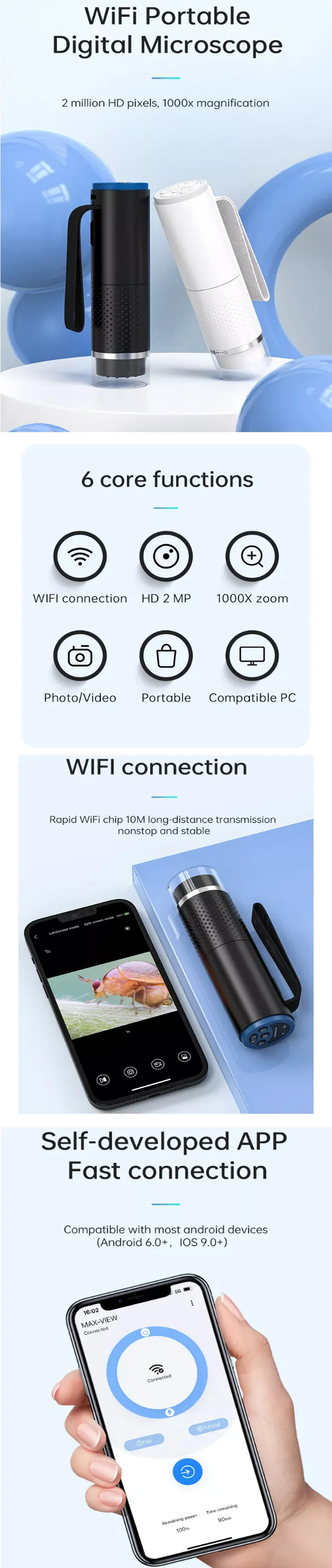 H320-1 50-1000x Wifi Digital Microscope Portable Electron Magnifier ...