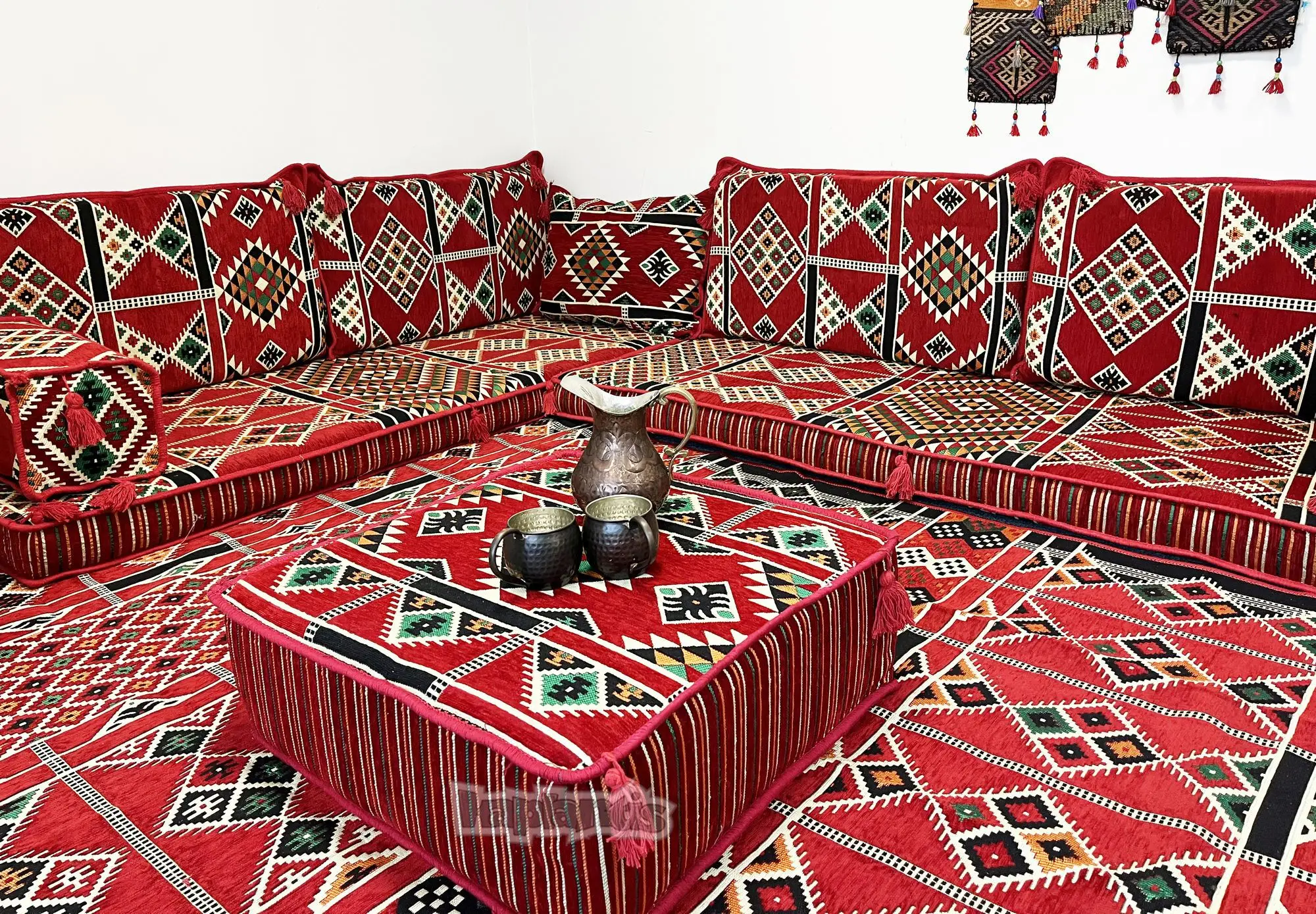 Elegant Arabic Floor Seating Nomad Rug Set - Red Oriental Cushion Cover ...
