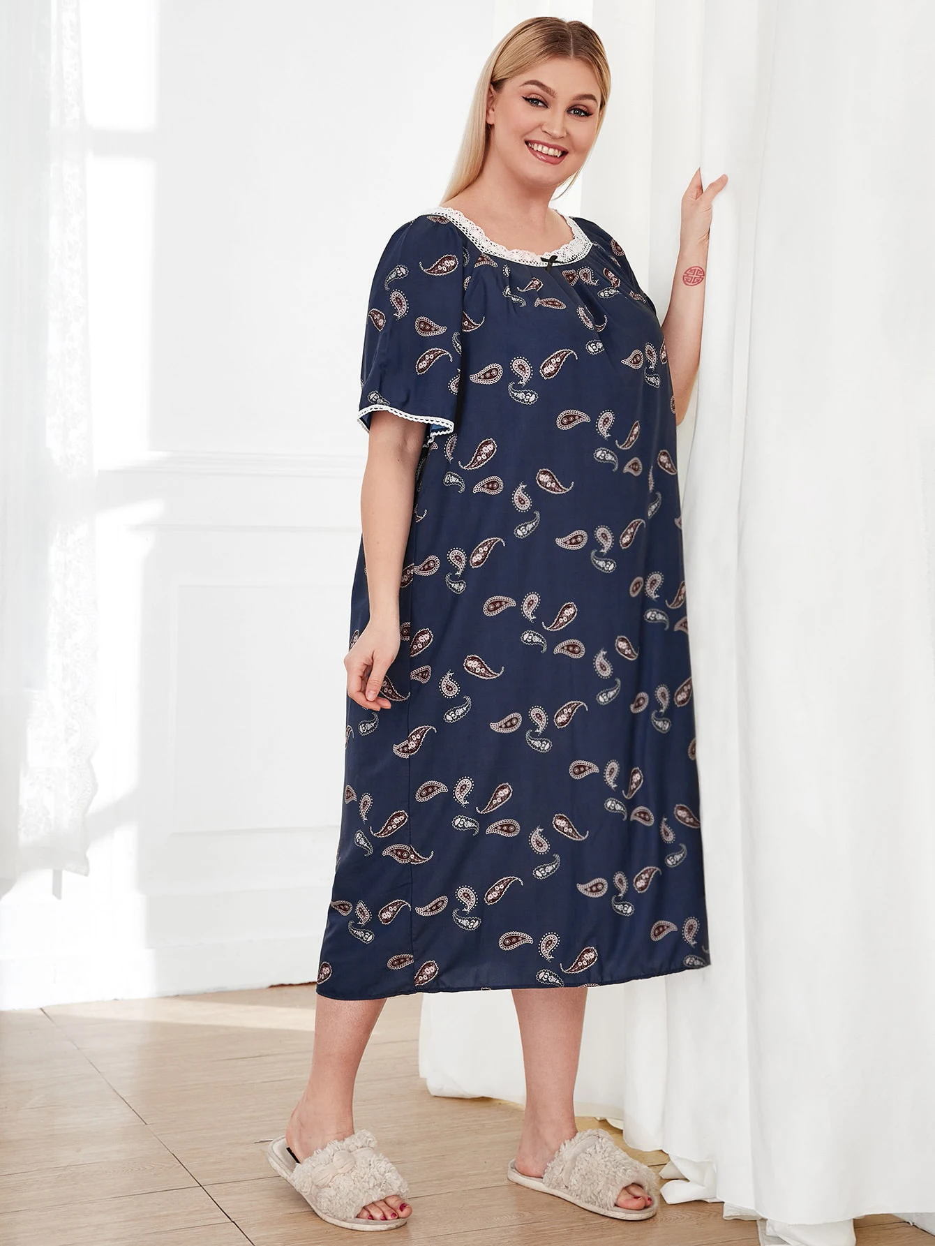 Fat Women Print Short Sleeves Night Dress Sleepwear Pyjamas Dress ...