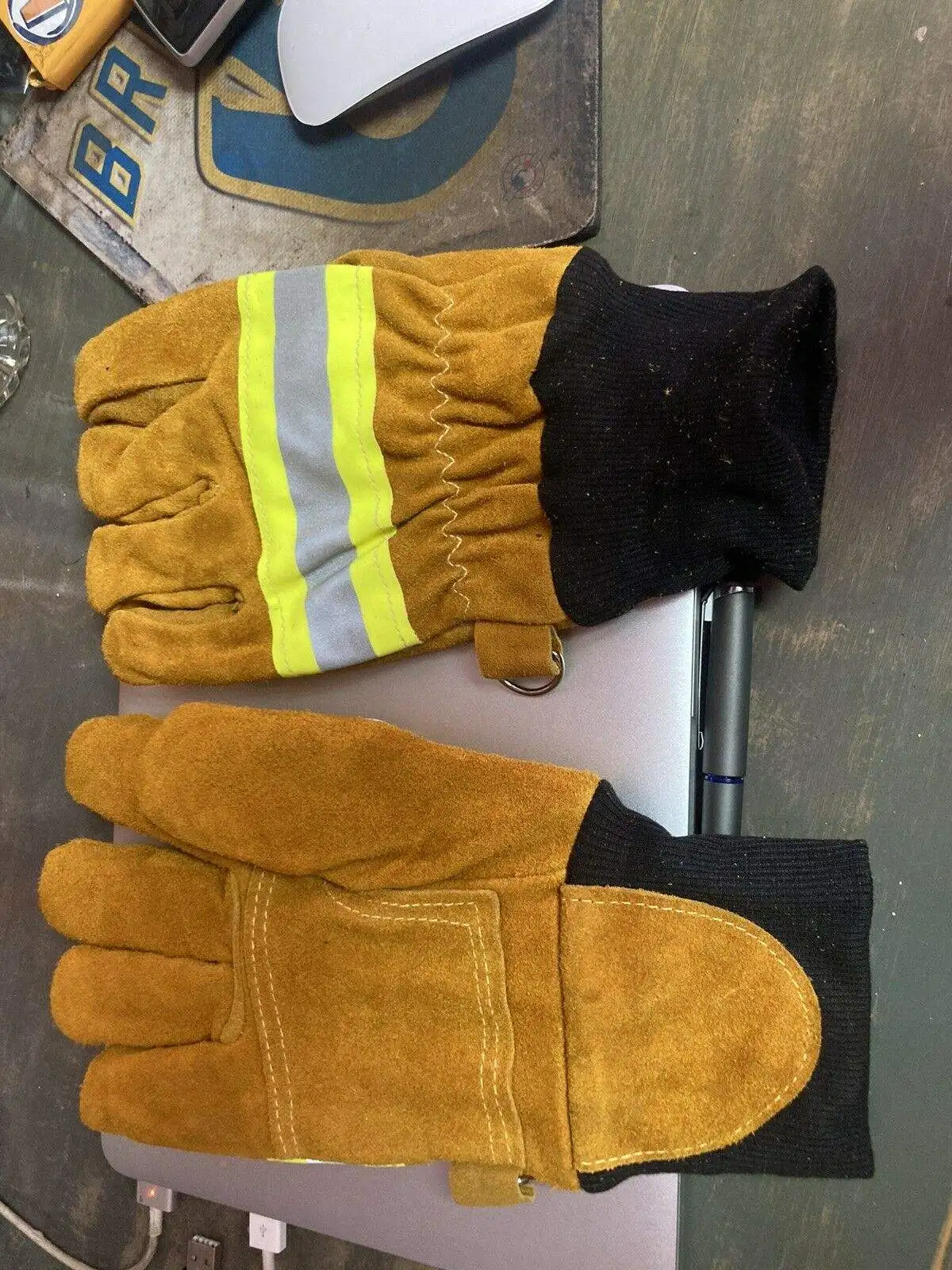 Leather Firefighting Gloves Reflective Strip Structural Fire Fighting ...