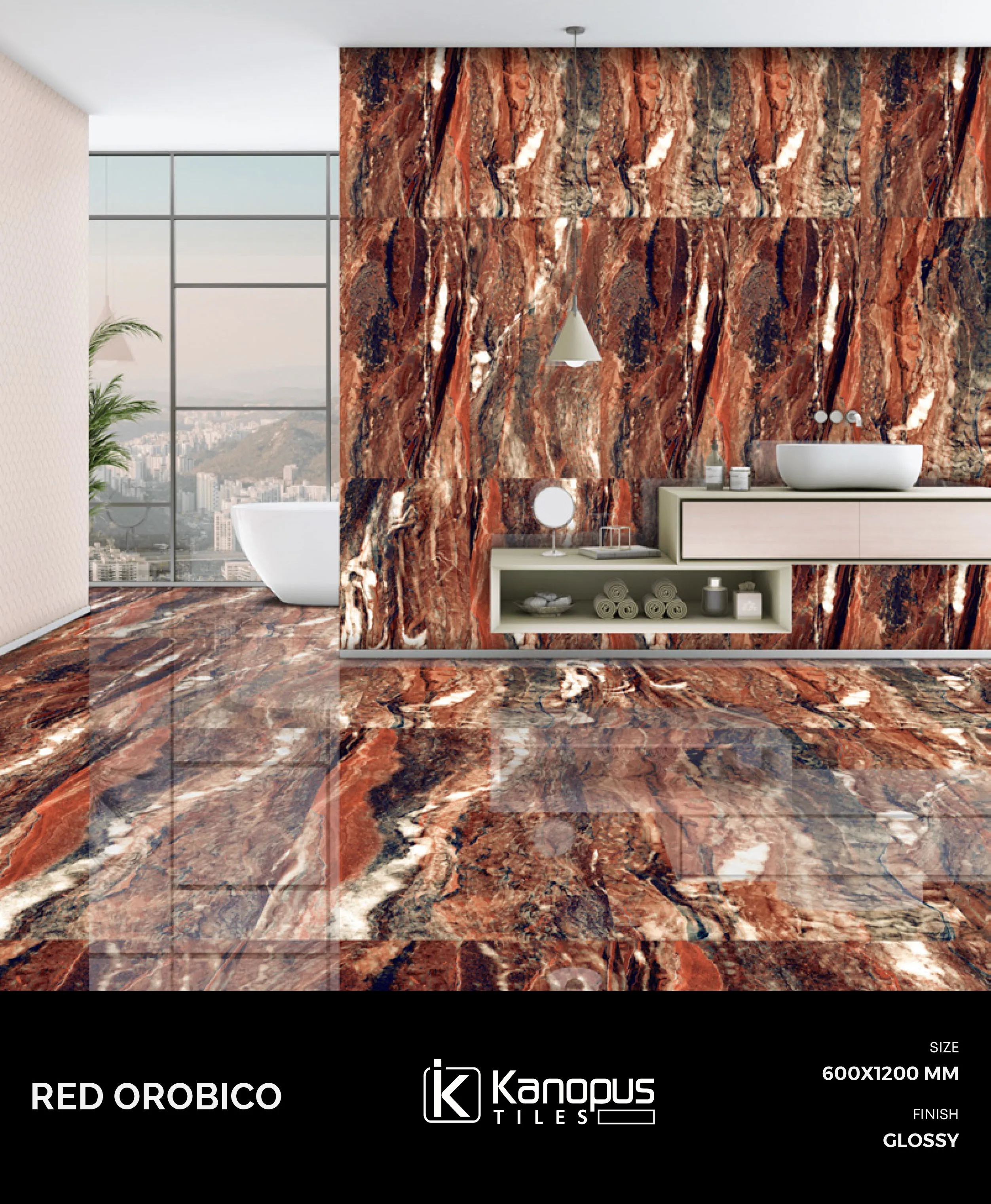 Maroon Calacatta For 600x1200mm High Glossy Finish Digital Glazed ...