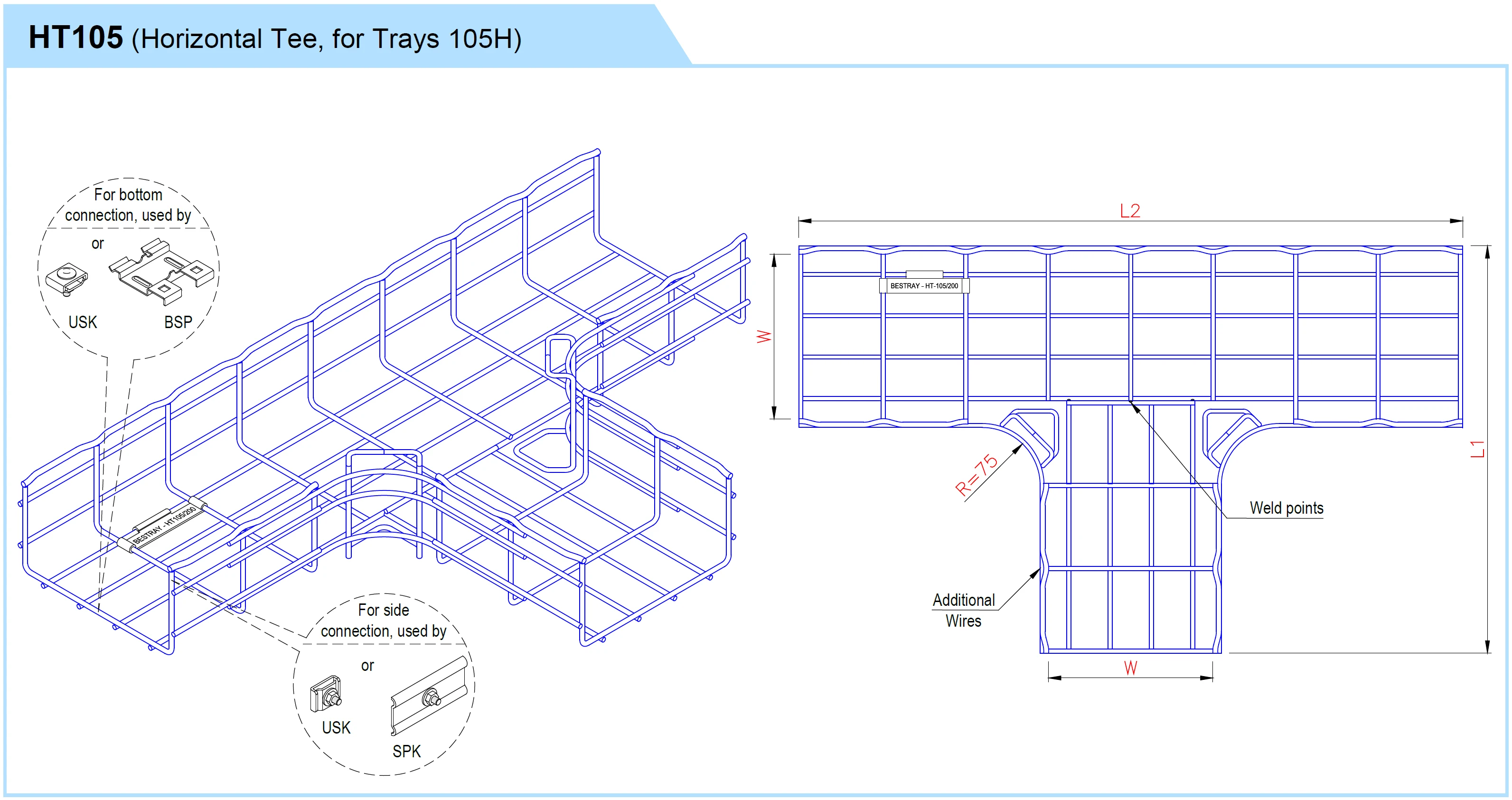 Cable Tray Horizontal Tee Inox 304,Wire Mesh Cable Tray 54mm Height ...