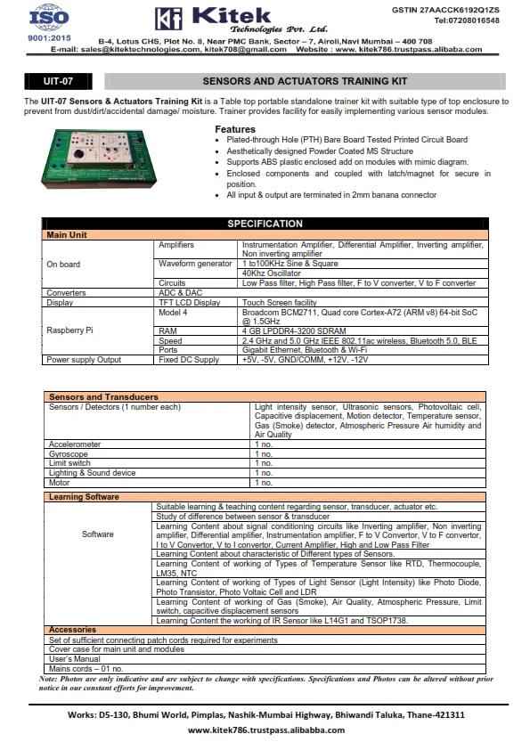 Sensors and Actuators Educational Training Kit - KITEK