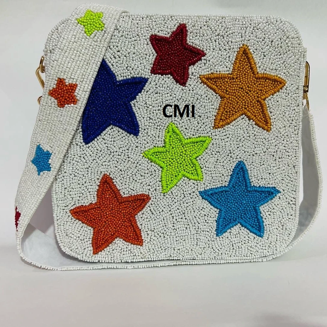 White Box Bag Purse with Stars / Gold Silver / Beaded / Zipper Closure ...
