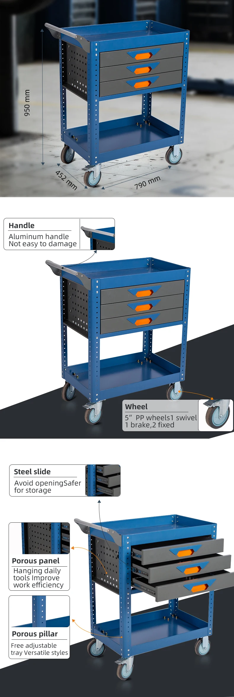 Neatly 3 Drawers Rolling Tool Cart Industrial Storage Tool Cart with ...