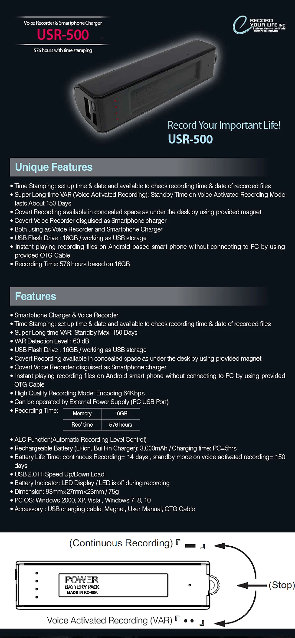 Made In Korea Voice Recorder Device Voice Recorder & Smartphone Charger ...